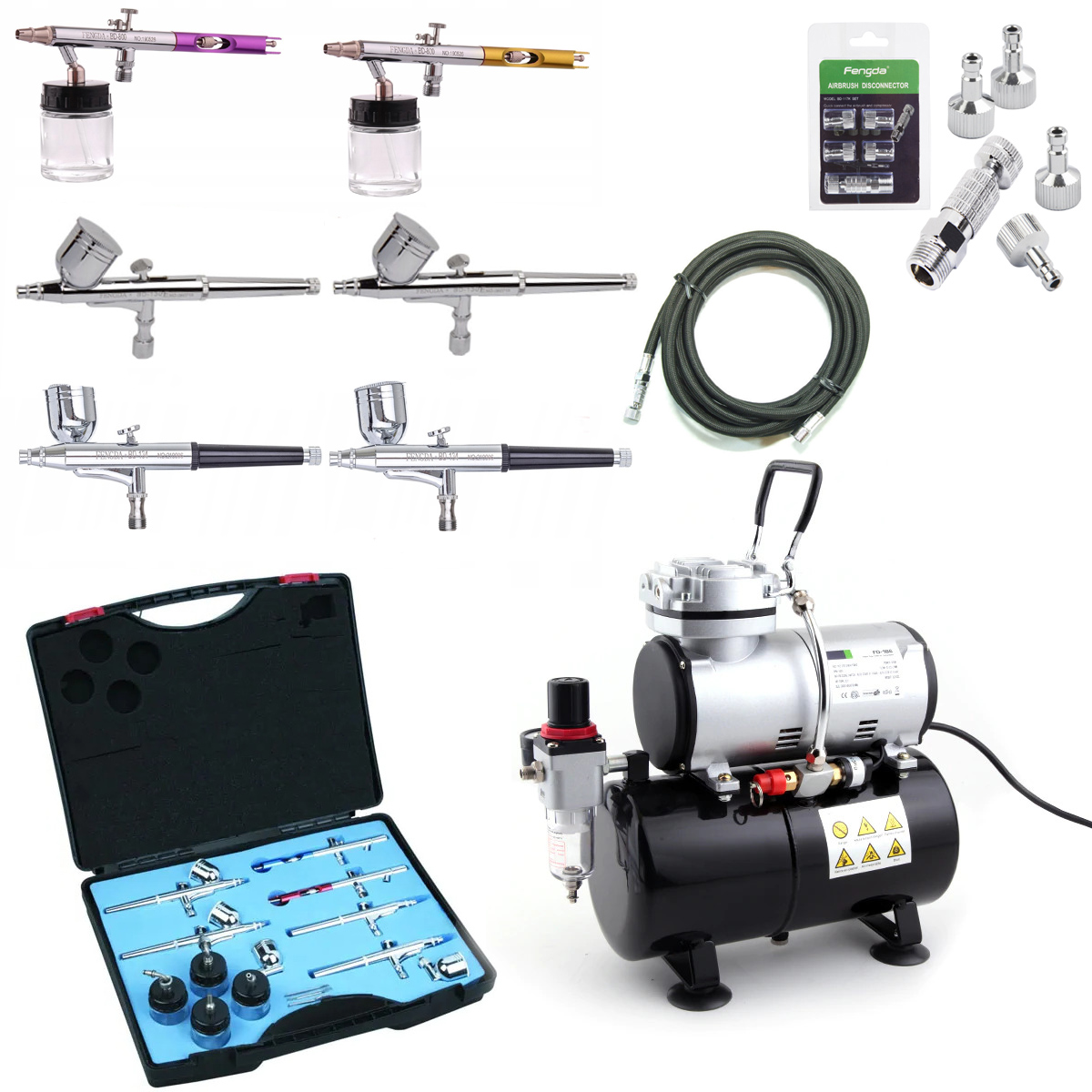 Airbrush set: Kompresor FENGDA AS-186 + 6 x airbrush pištoľ FENGDA